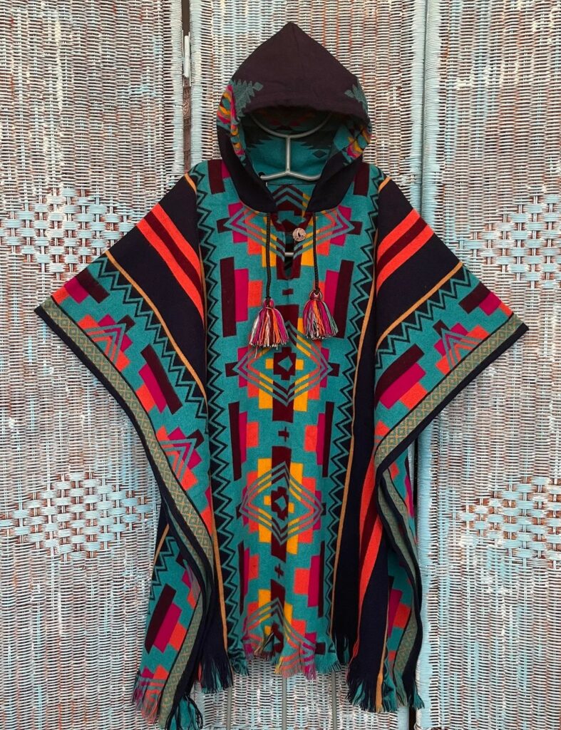 Light Blue Llama Wool Poncho,Native American Design, Tribal Hooded ...